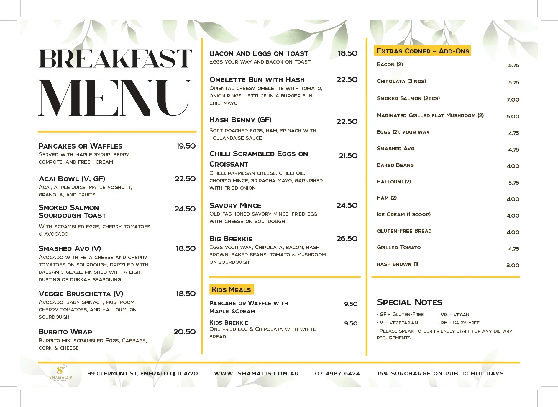 Shamali's Cafe & Restaurant - Menu